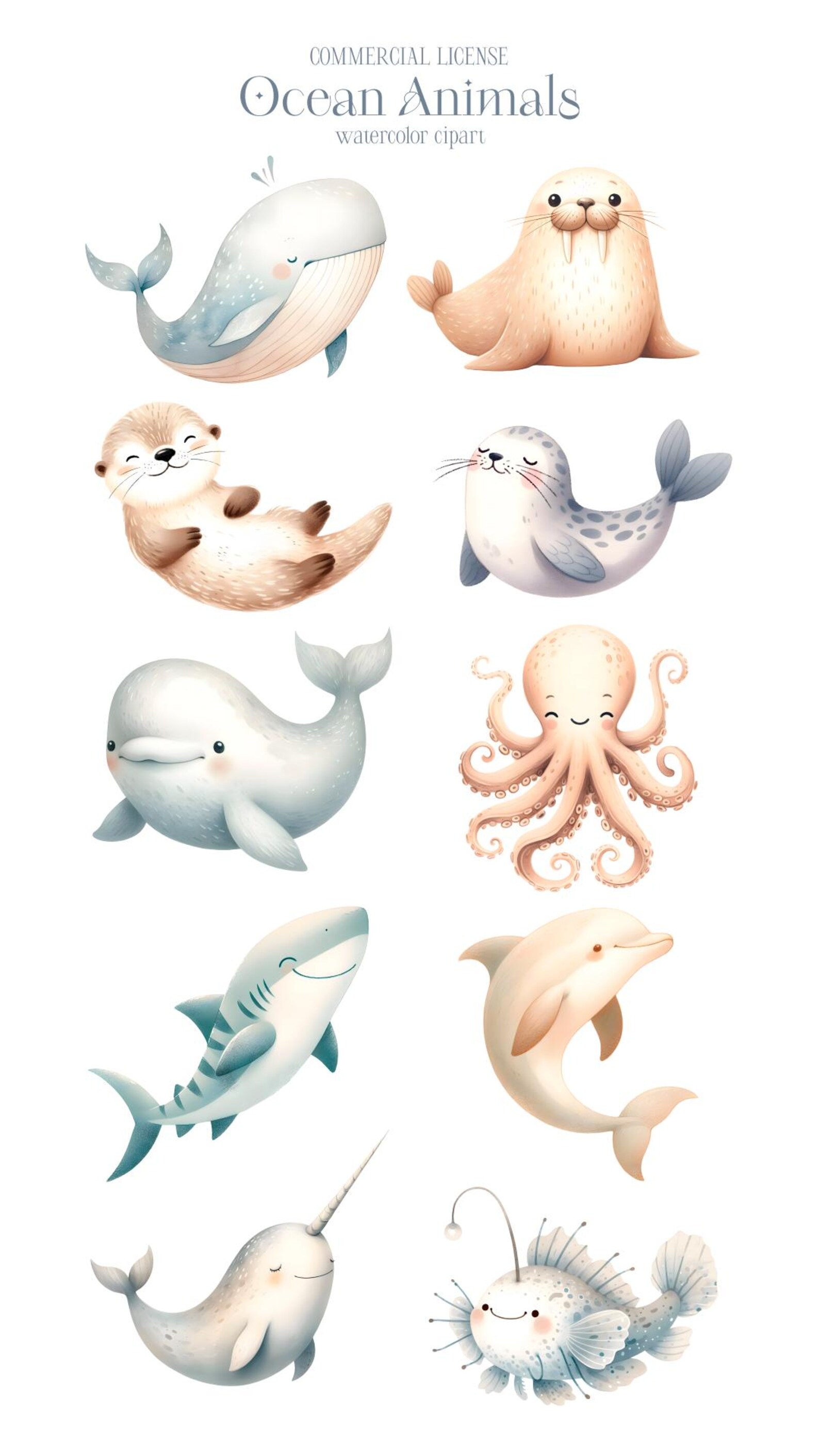 Cute Ocean Animals Clipart, Undersea Watercolor Clipart, Nursery Decor ...