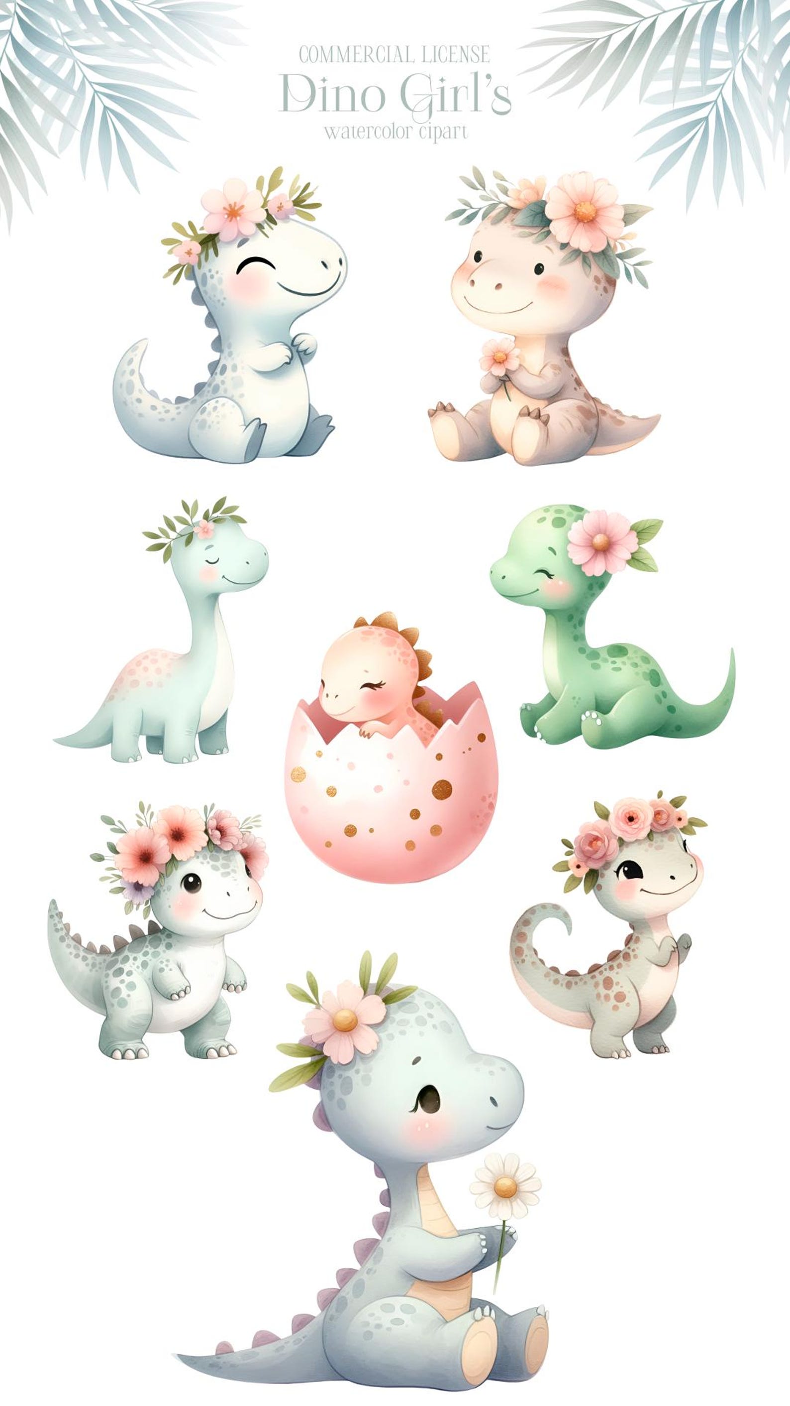 Girl Dinosaur Clipart, Watercolor Dino PNG, Dino Birthday Party ...