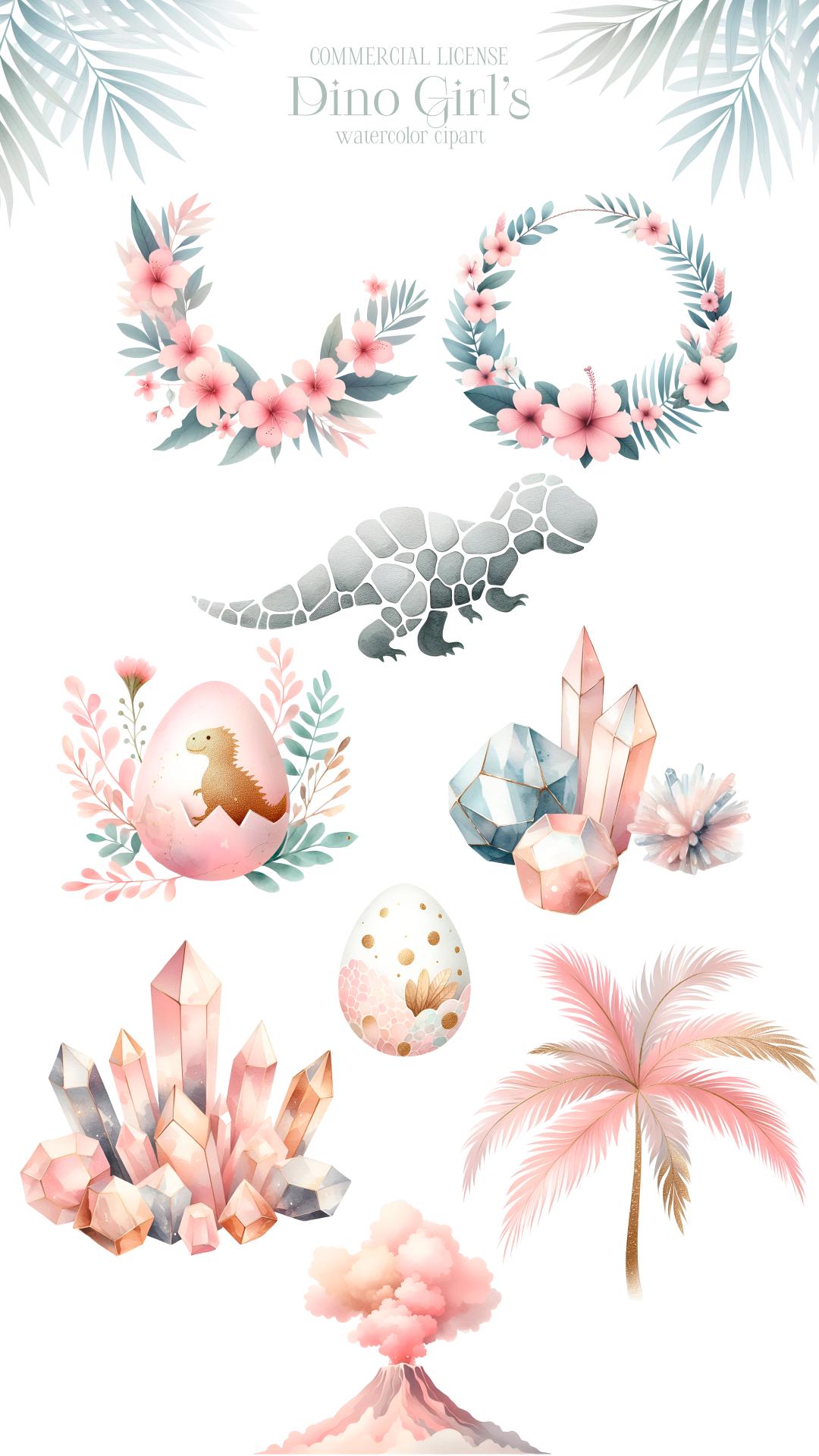 Girl Dinosaur Clipart, Watercolor Dino PNG, Dino Birthday Party ...