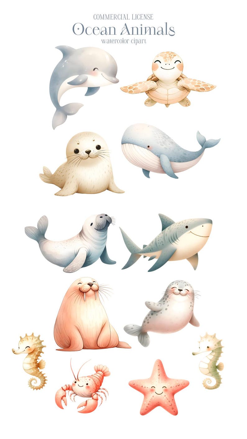 Cute Ocean Animals Clipart, Undersea Watercolor Clipart, Nursery Decor ...