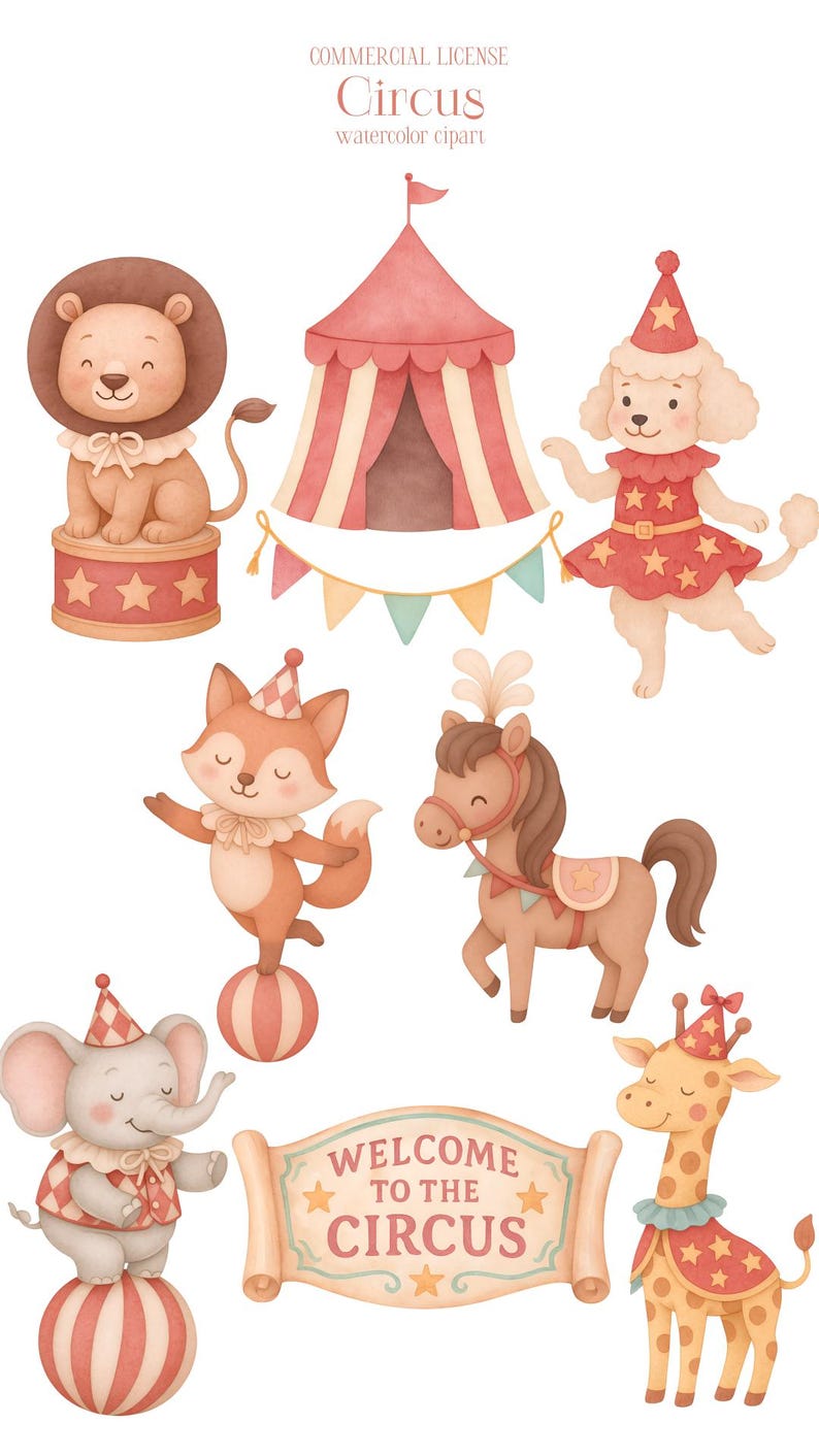 Watercolor Circus Clipart, Cute Circus Animals for Birthday, Baby ...