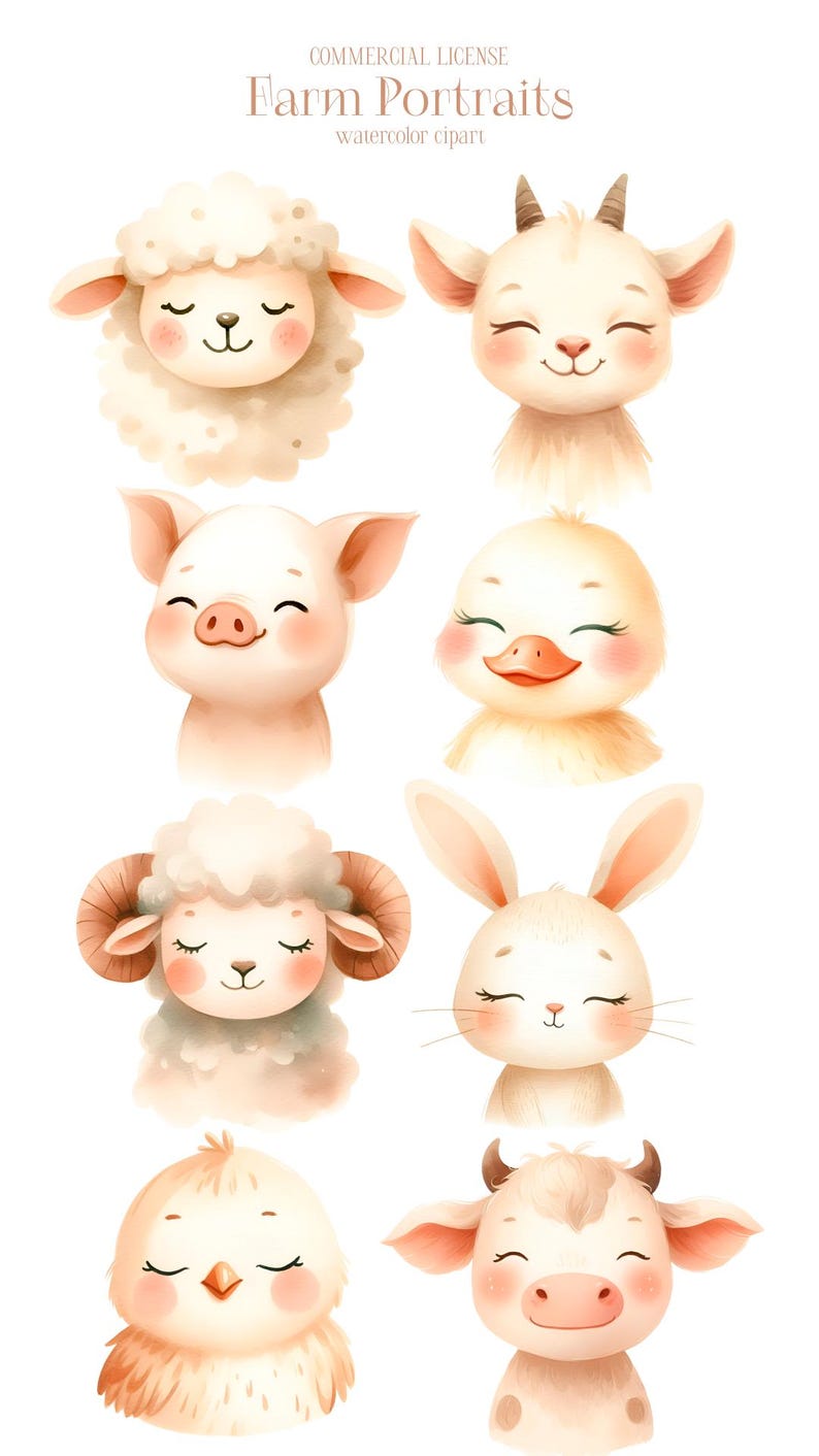 Farm Animals PNG, Farm Portraits Clipart, Farm Clipart, Watercolor Farm ...