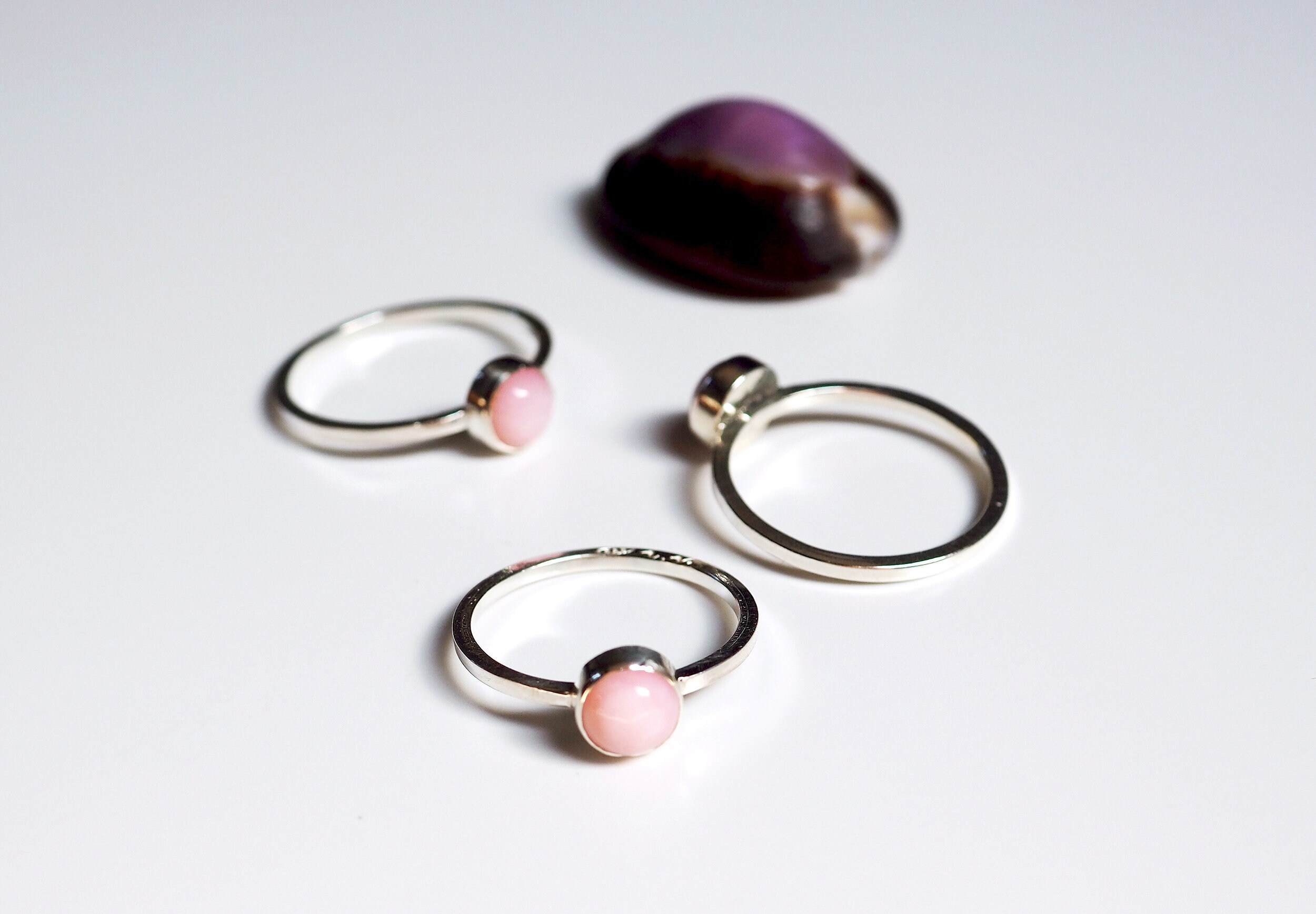 Simple Gemstone Silver Solitaire Stacking Rings Pink Opal | Etsy