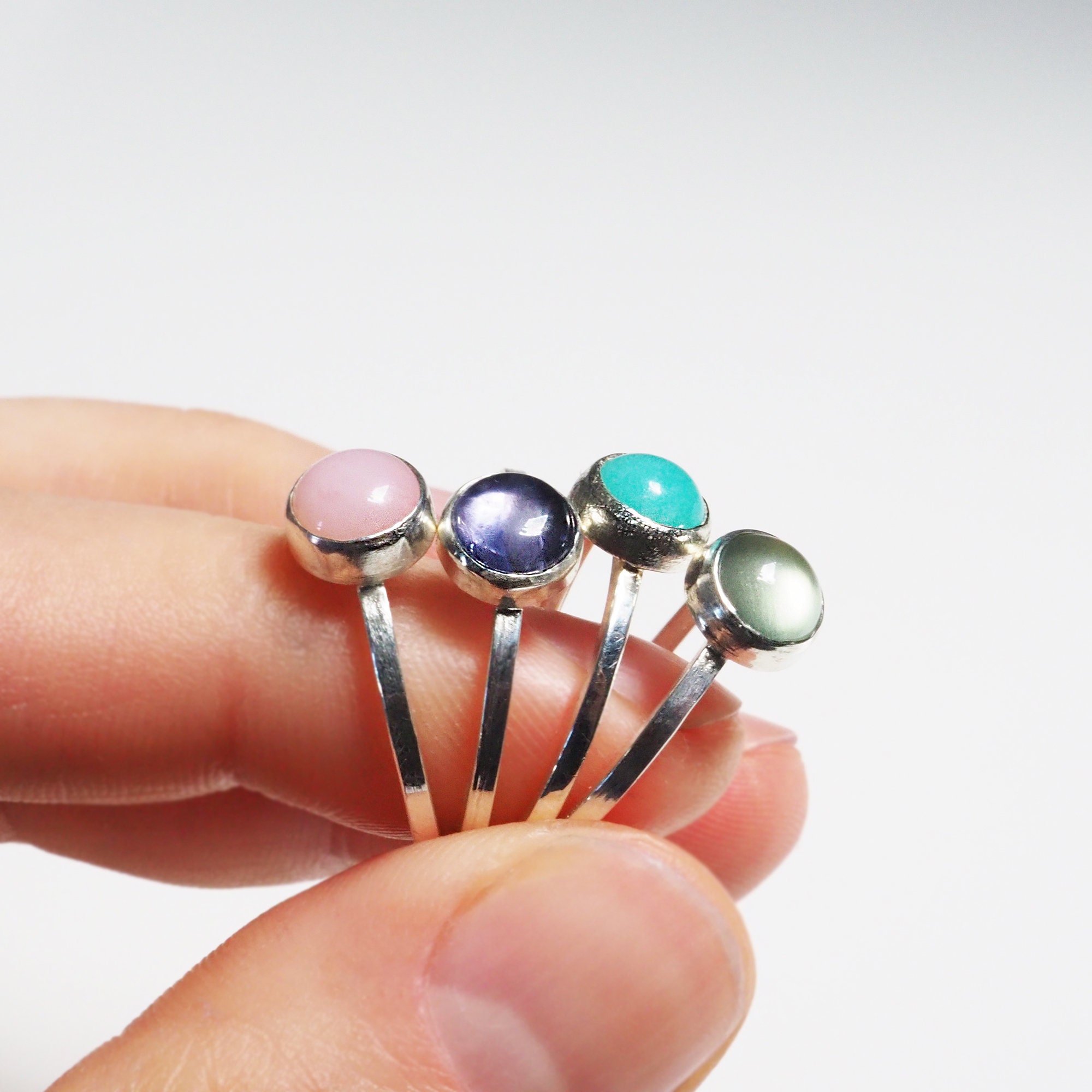 Simple Gemstone Silver Solitaire Stacking Rings Pink Opal | Etsy
