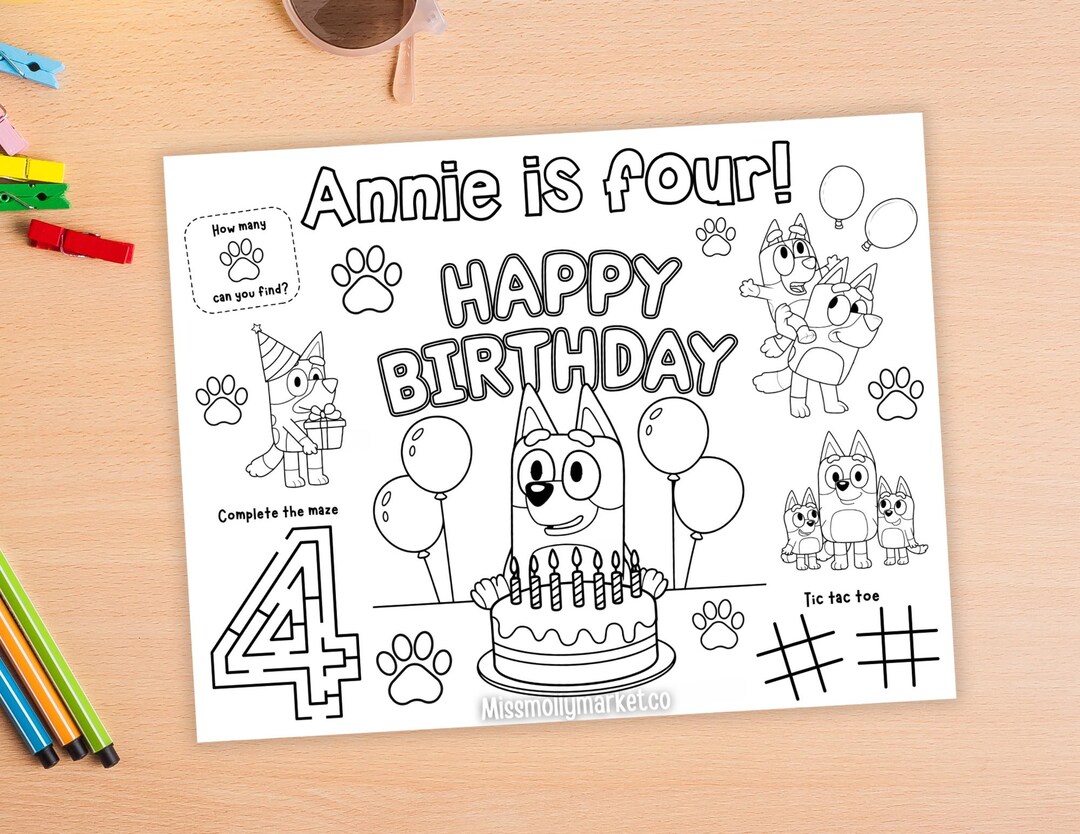 Bluey Birthday Party Activity Sheet | Personalized Party Placemat ...
