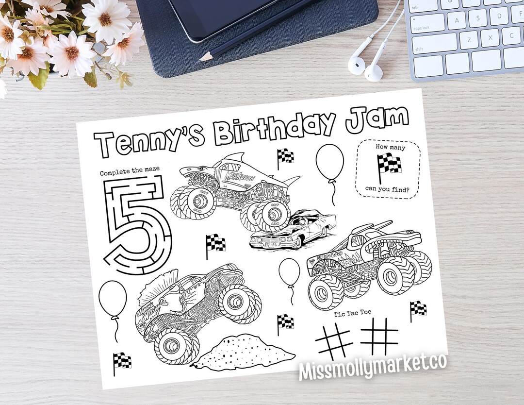 Monster Jam Birthday Party Activity Sheet Personalized Party Placemat ...