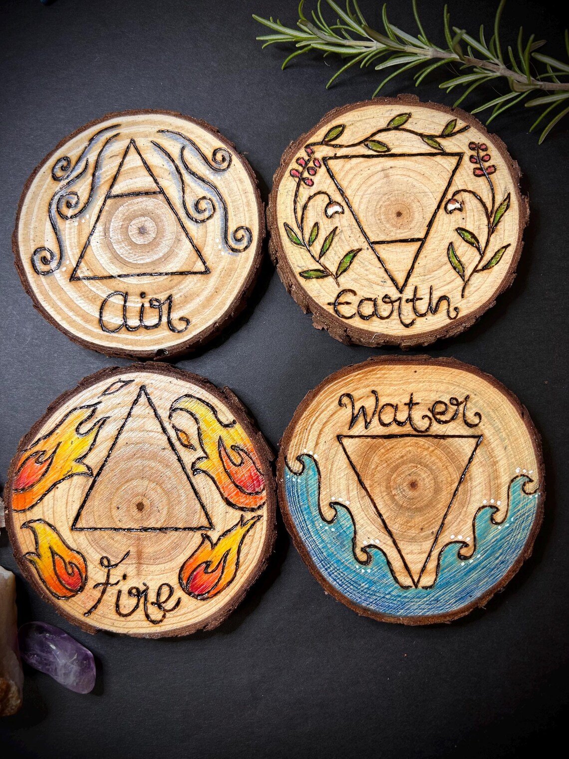 Hand Drawn Pyrography Set of Four Elements Wood Slice Altar Tiles ...