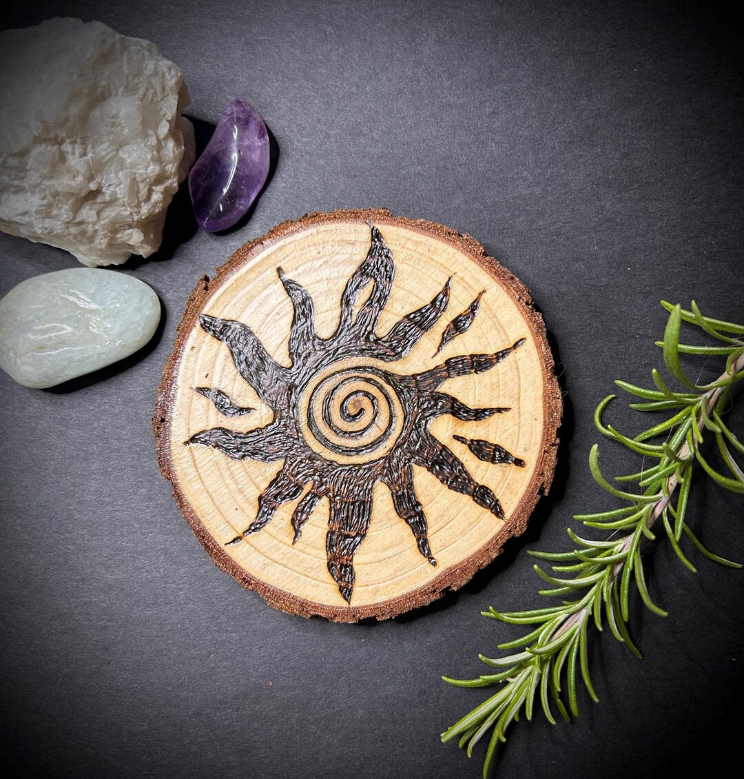 Hand Drawn Pyrography Wood Altar Tile, Sun, Witchy Cottagecore Rustic ...