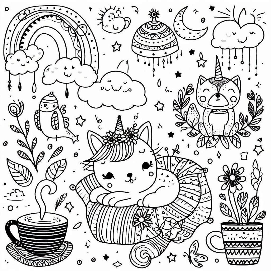 5 Random Colouring Pages Digital, Cozy, Boho, Cute Adult Colouring ...