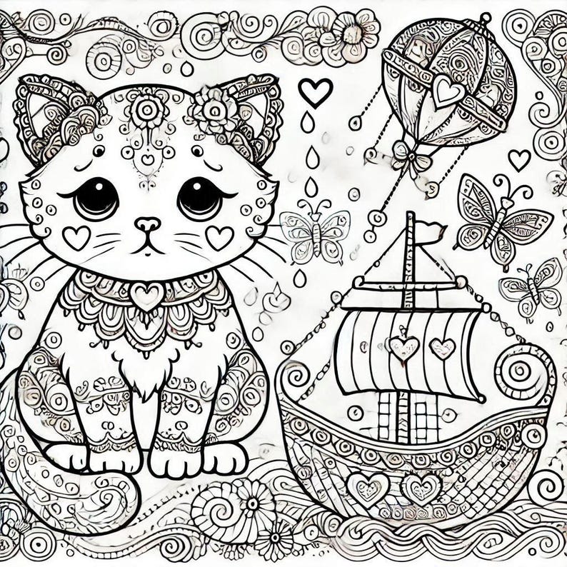 3 Colouring Pages Digital, Cozy, Boho, Cute Adult Colouring Cats - Etsy