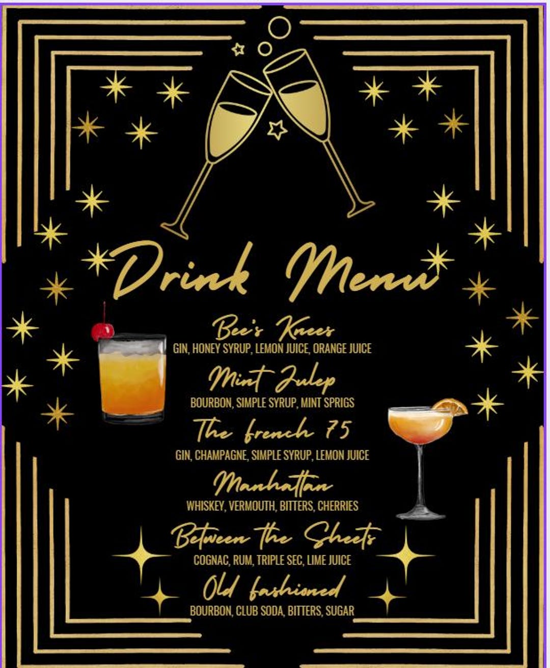 Roaring 20s Drink Menu Printable Sign 5x7 8x10 18x24 Portrait - Etsy