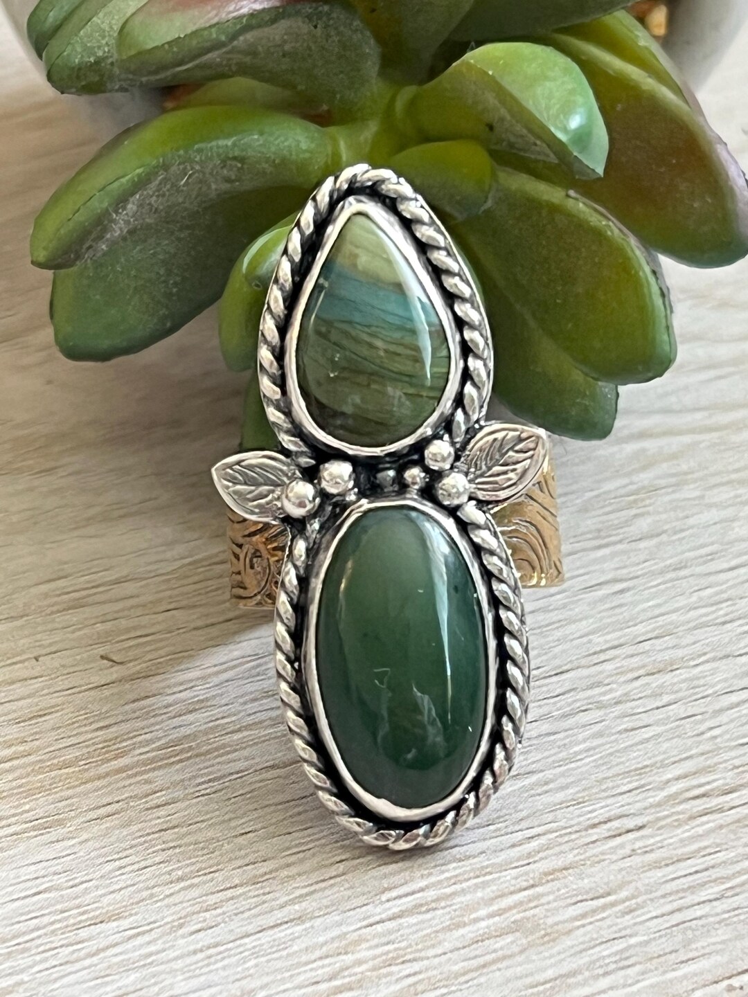 Sterling Silver and Brass Handmade Statement Ring, Jade Gemstone Ring ...