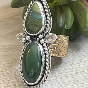 Sterling Silver and Brass Handmade Statement Ring, Jade Gemstone Ring ...