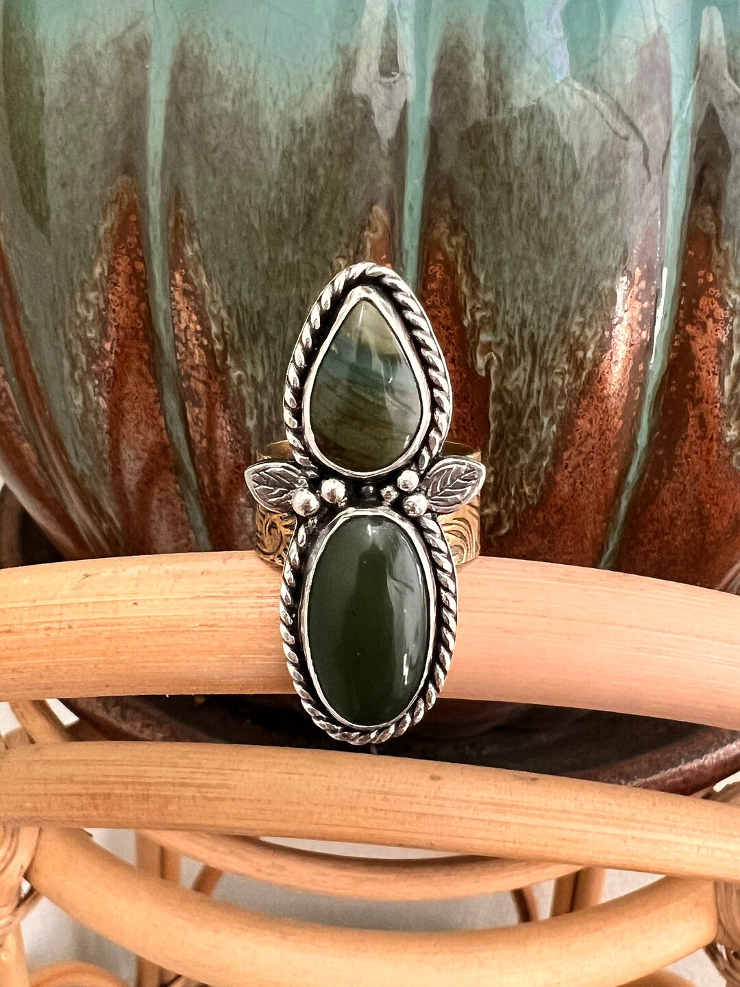 Sterling Silver and Brass Handmade Statement Ring, Jade Gemstone Ring ...