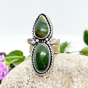 Sterling Silver and Brass Handmade Statement Ring, Jade Gemstone Ring ...