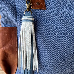 Handmade Blue Leather and Arabesque Sea Foam Clip Tassel Purse ...