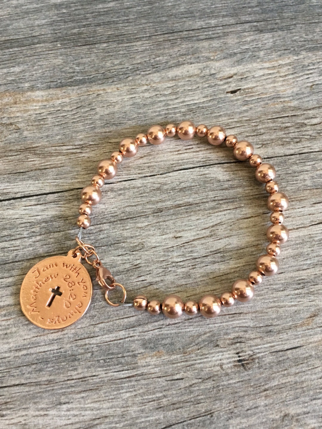 Rose Gold Beaded Bracelet, Matthew 28:20 Scripture Charm - Etsy