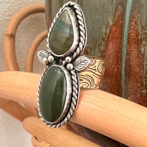 Sterling Silver and Brass Handmade Statement Ring, Jade Gemstone Ring ...