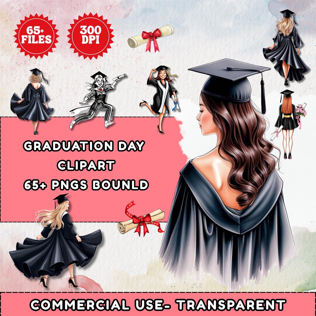 Graduation Day Clipart PNG Bundle – 65+ Graduation Cap, Diploma, Party ...