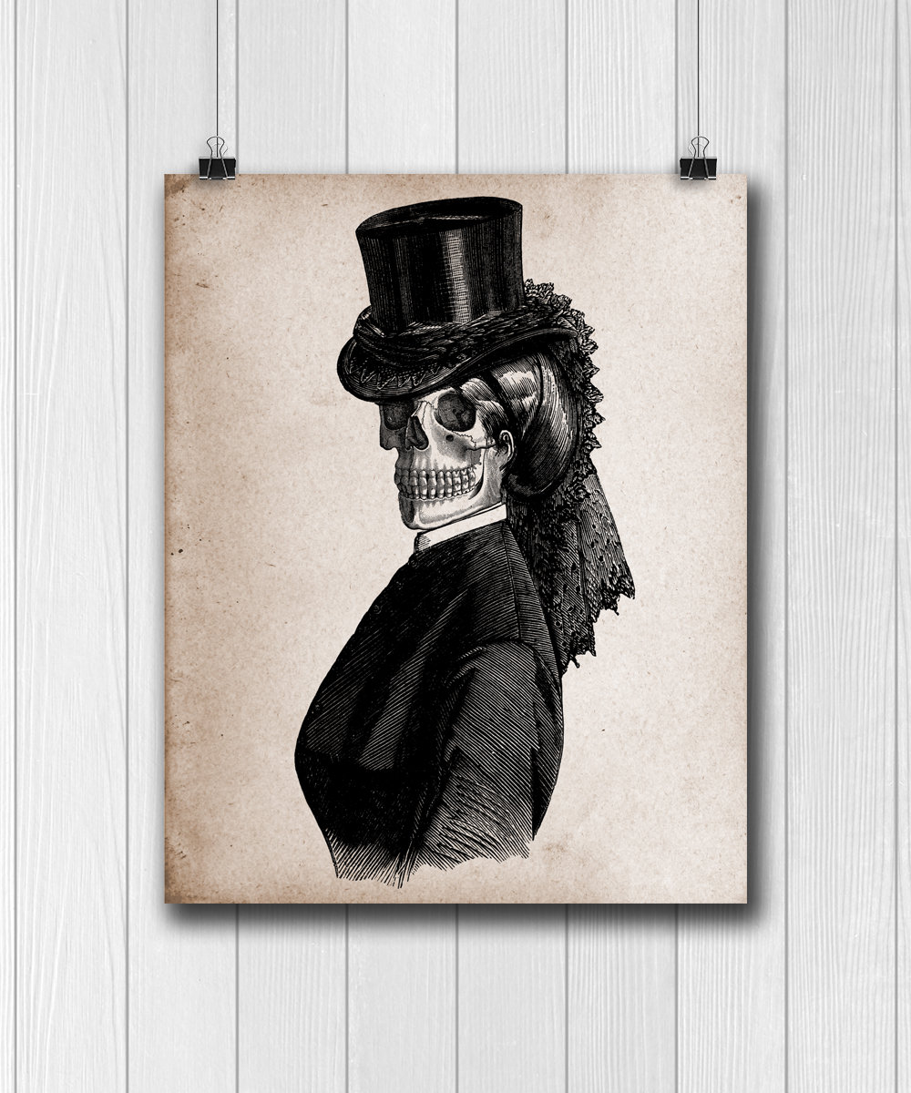 Skeleton Skull Art Print Victorian Gothic Steampunk Primitive Hat Dress ...