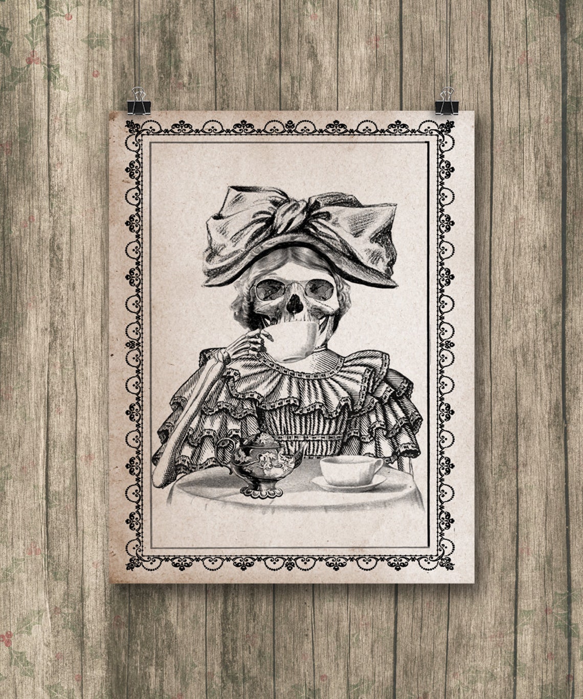 Lady Skeleton Tea Drinking Afterlife Tea Party Halloween Vintage Gothic ...
