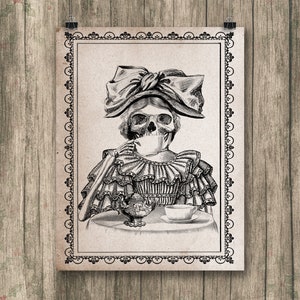 Lady Skeleton Tea Drinking Afterlife Tea Party Halloween Vintage Gothic ...