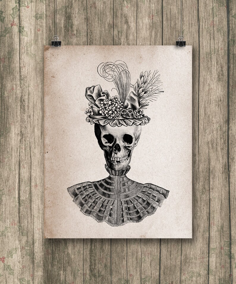 Antique Style Skull in Fancy Hat and Dress Halloween Art Print - Etsy