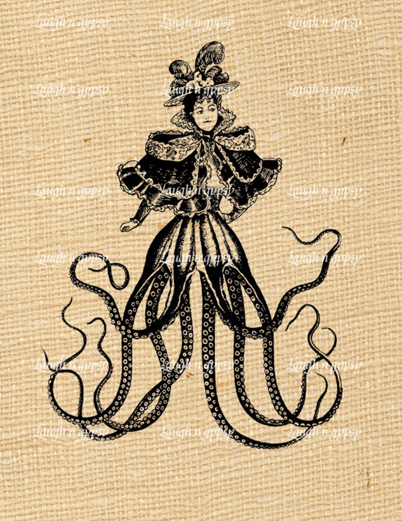 Steampunk Lady Octopus Image Transfer for Fabric Burlap Tee Shirts ...