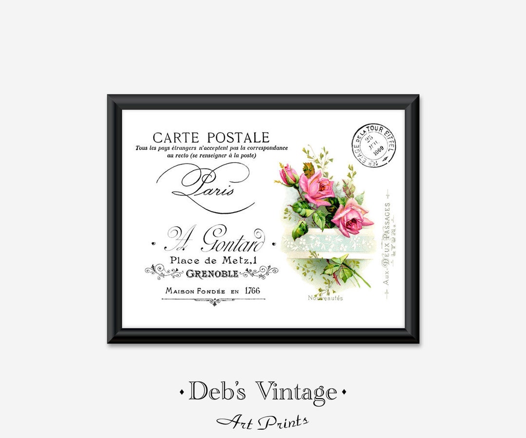 Pink Roses Art Print French Handwriting Carte Postale Paris Shabby ...
