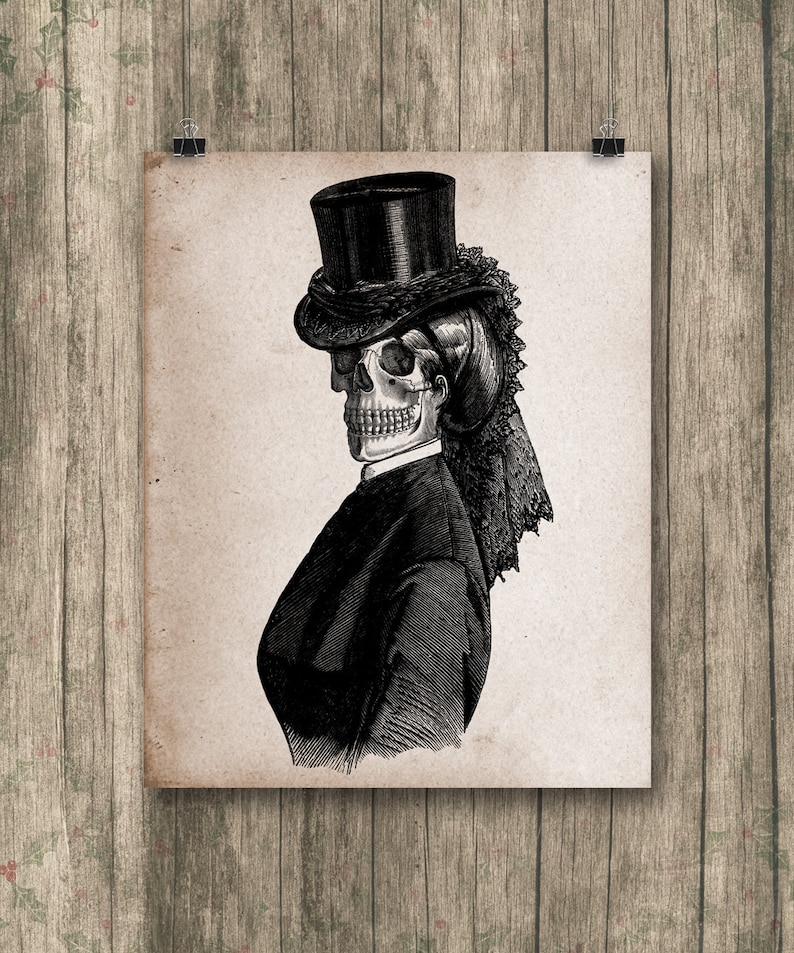 Skeleton Skull Art Print Victorian Gothic Steampunk Primitive Hat Dress ...