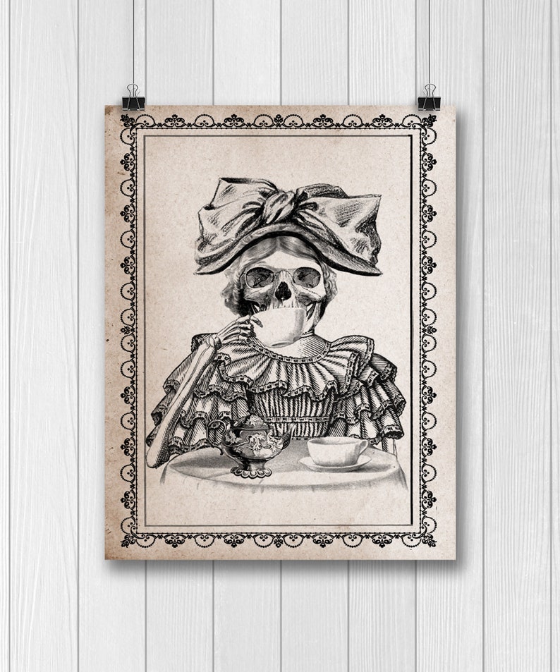 Lady Skeleton Tea Drinking Afterlife Tea Party Halloween Vintage Gothic ...