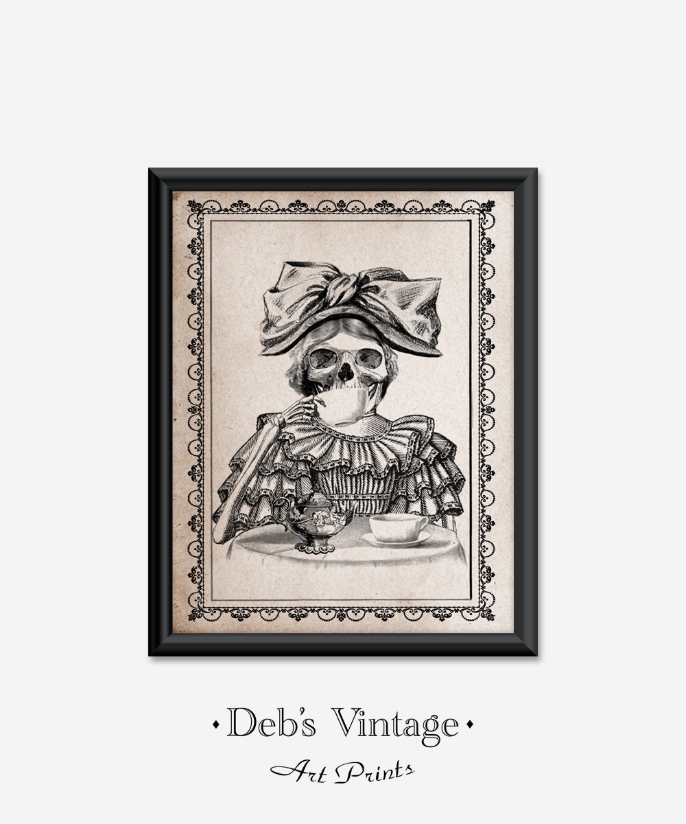 Lady Skeleton Tea Drinking Afterlife Tea Party Halloween Vintage Gothic ...
