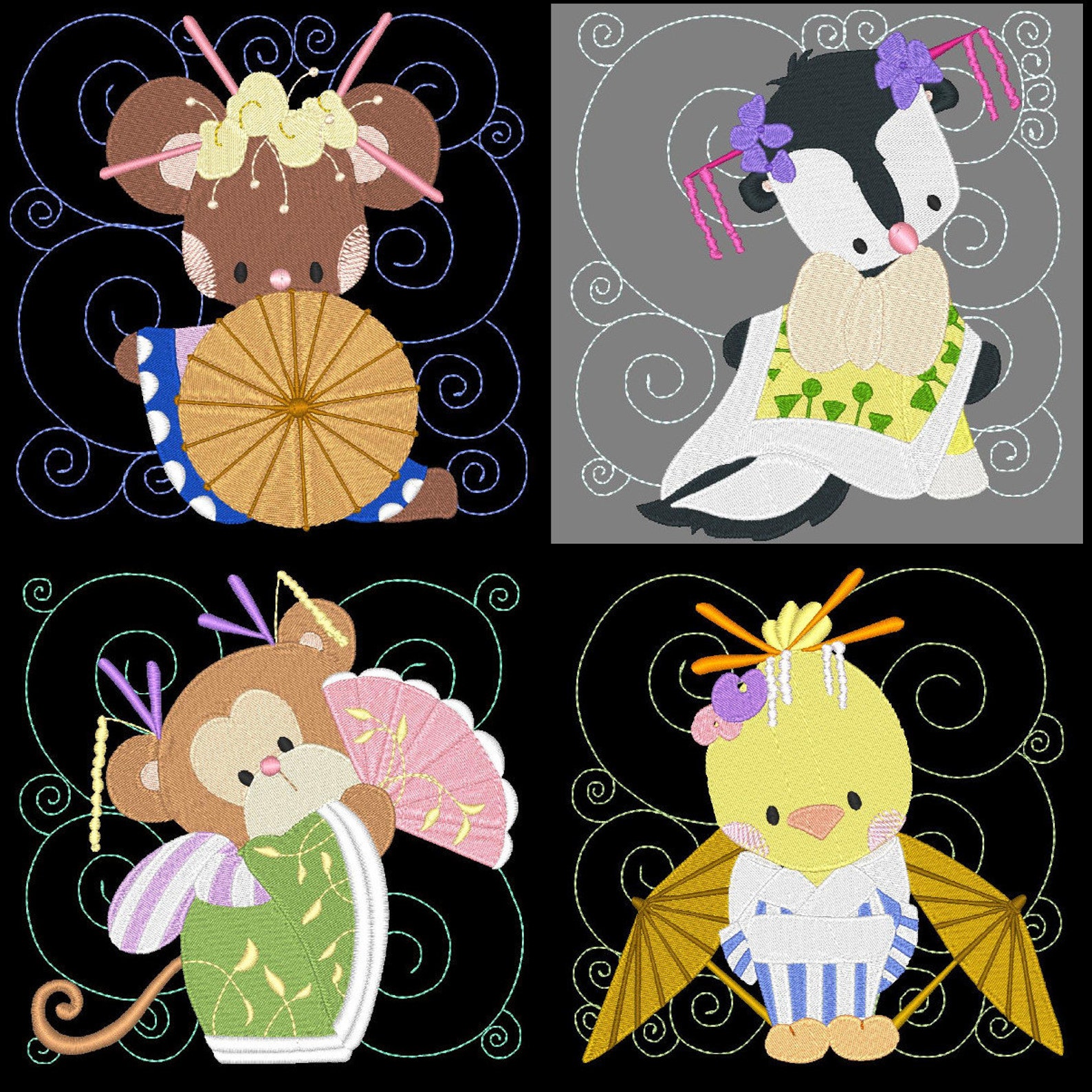 GEISHA ANIMALS 4inch 12 Machine Embroidery Designs Instant | Etsy