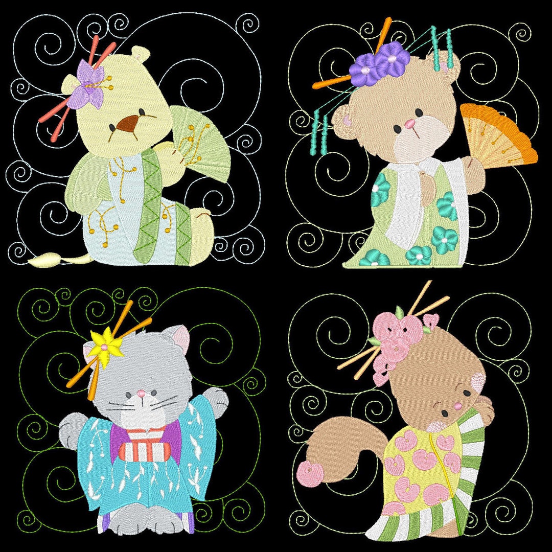 GEISHA ANIMALS (6inch) - 12 Machine Embroidery Designs Instant Download ...