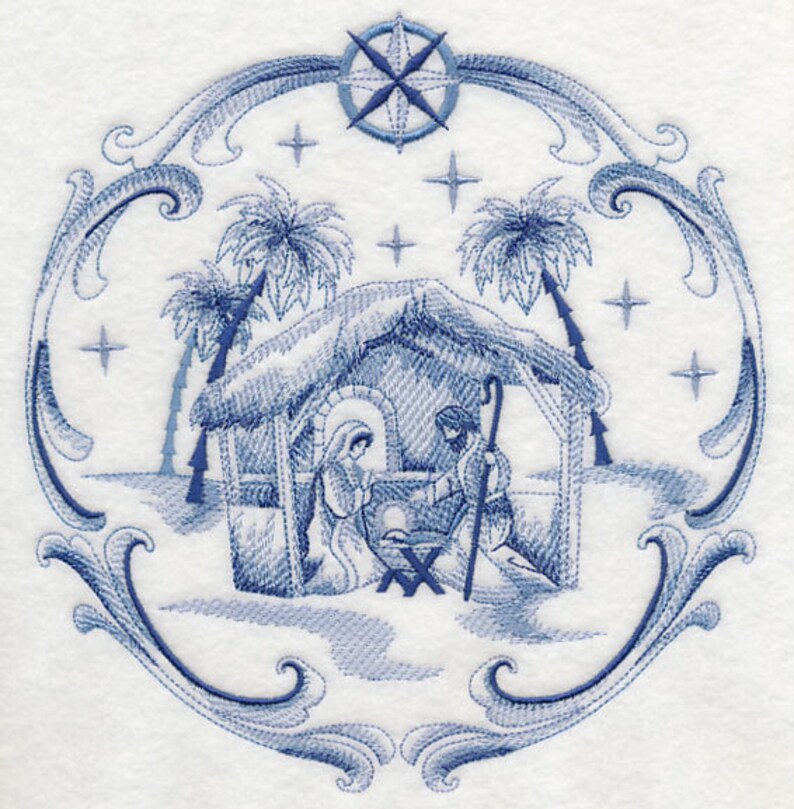 DELFT BLUE NATIVITY Holy Family - Machine Embroidered Quilt Block (azeb ...