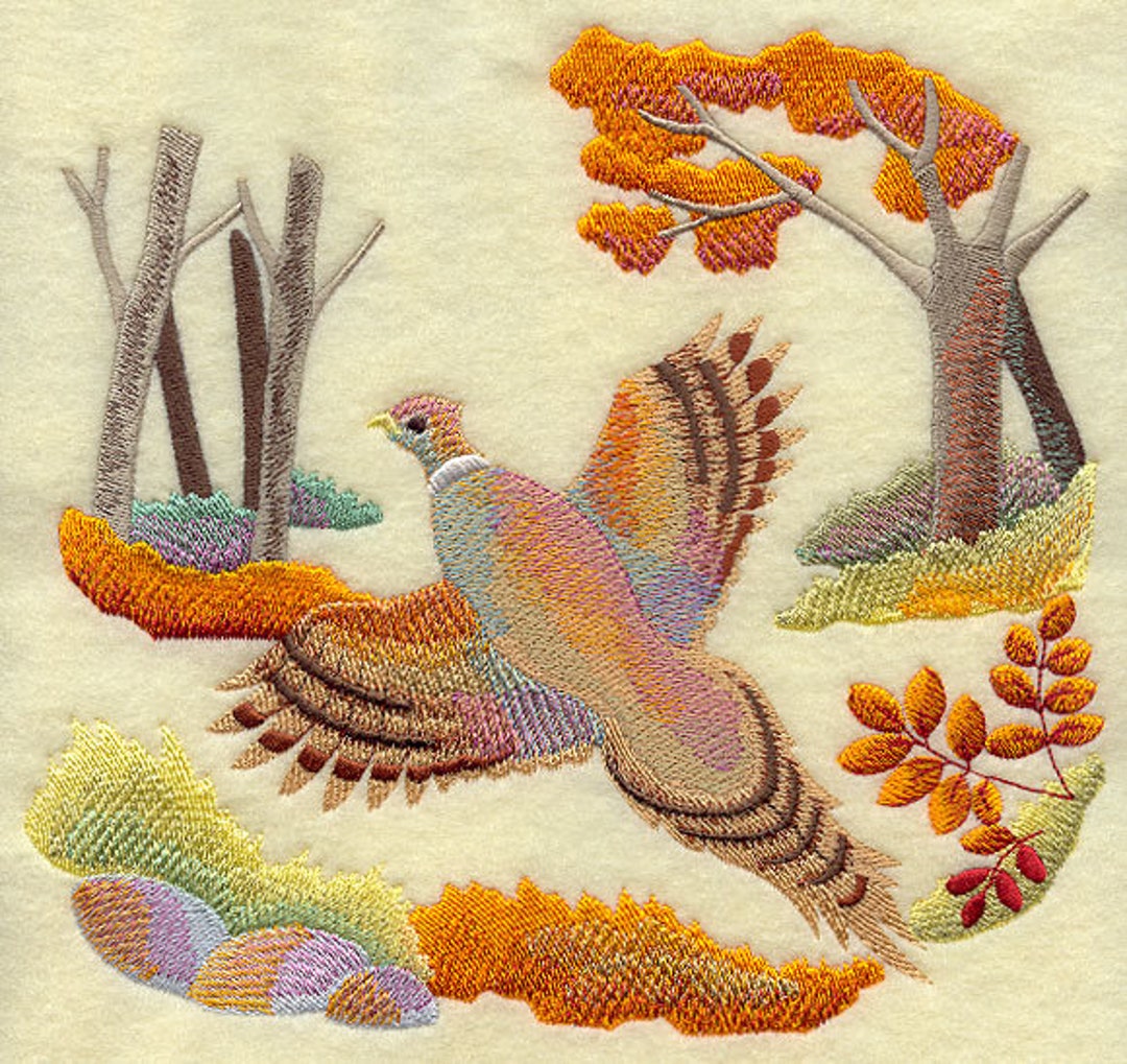 AUTUMN PHEASANT in WATERCOLOR - Machine Embroidered Quilt Block (azeb ...