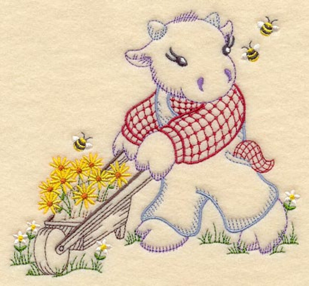 CALF With FLOWER FILLED Wheelbarrow (vintage) - Machine Embroidered ...