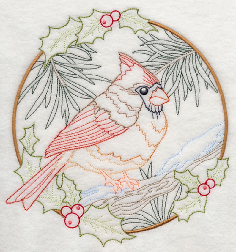 BIRDS in CHRISTMAS BLOOMS Cardinal Female - Machine Embroidered Quilt ...