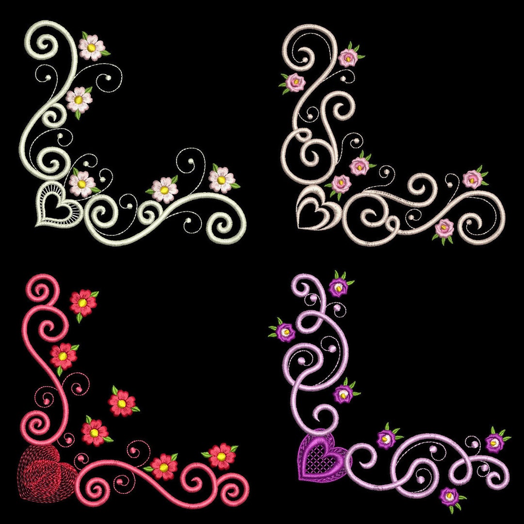 FLORAL HEART CORNERS (4inch) - 10 Machine Embroidery Designs Instant ...