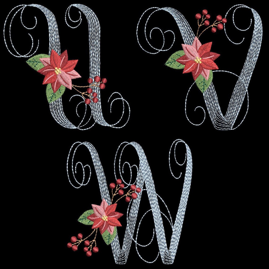 CURLY POINSETTIA ALPHABET (3.88in)- 27 Machine Embroidery Designs ...