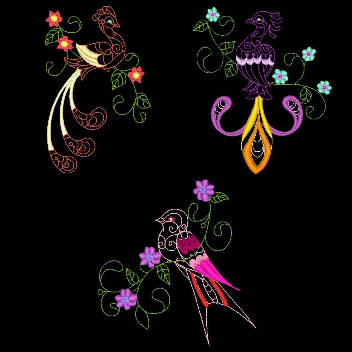 VINTAGE CURLY BIRDS 5inch 10 Machine Embroidery Designs | Etsy