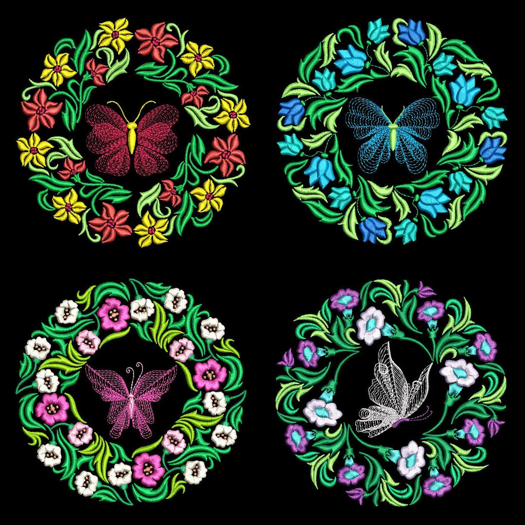FLUTTERBY WREATH (4inch) - 10 Machine Embroidery Designs Instant ...