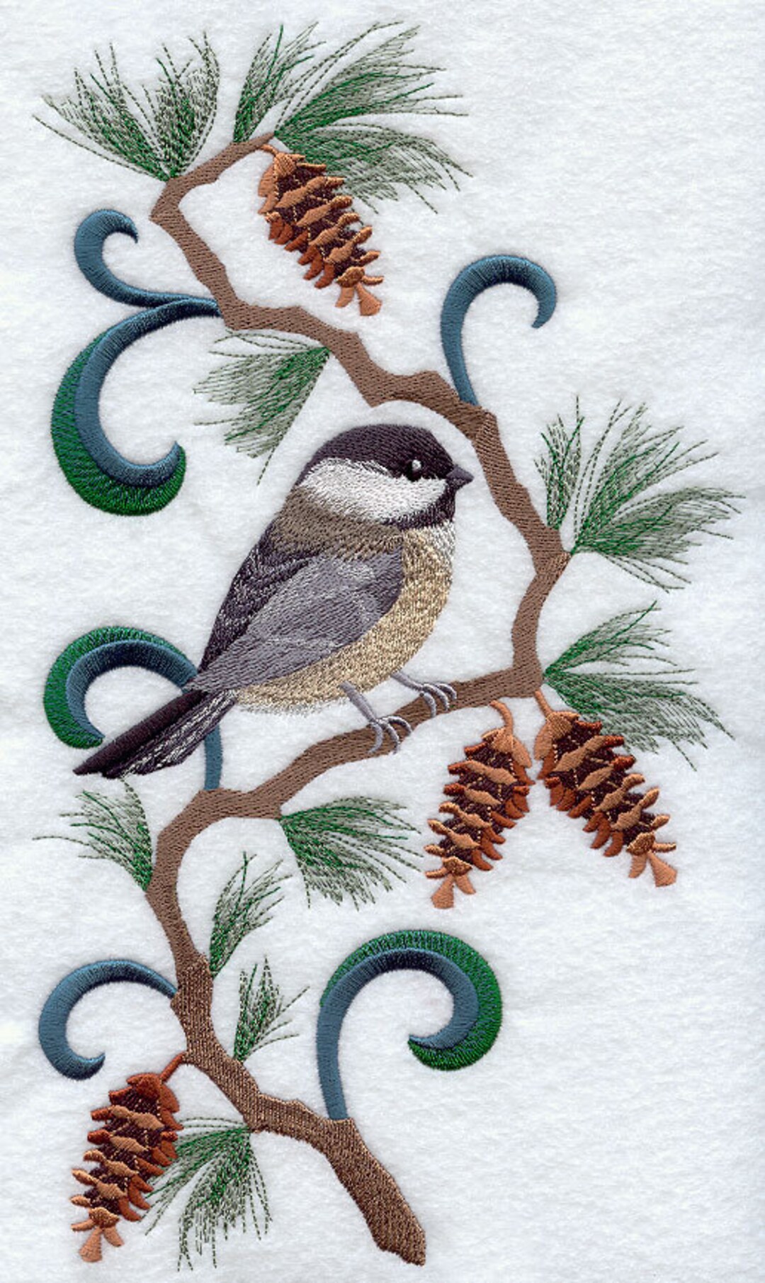 MAINE CHICKADEE & PINE Cone Medley - Machine Embroidered Quilt Blocks ...