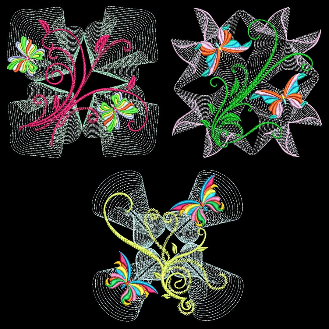 SWIRLY FLUTTERBY BLOCKS #1 (6inch) - 10 Machine Embroidery Designs ...
