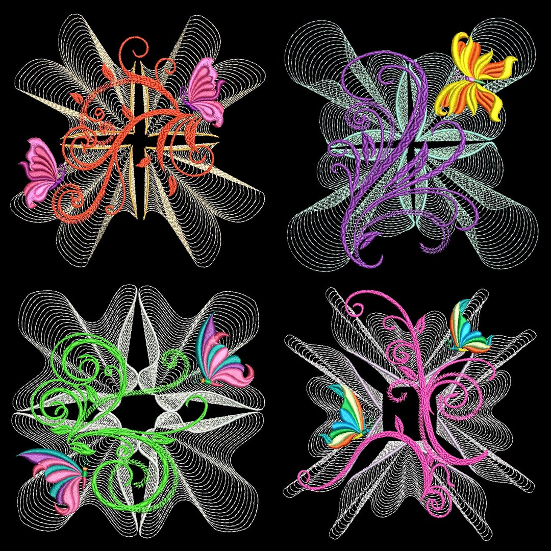 SWIRLY FLUTTERBY BLOCKS #1 (4inch) - 10 Machine Embroidery Designs ...