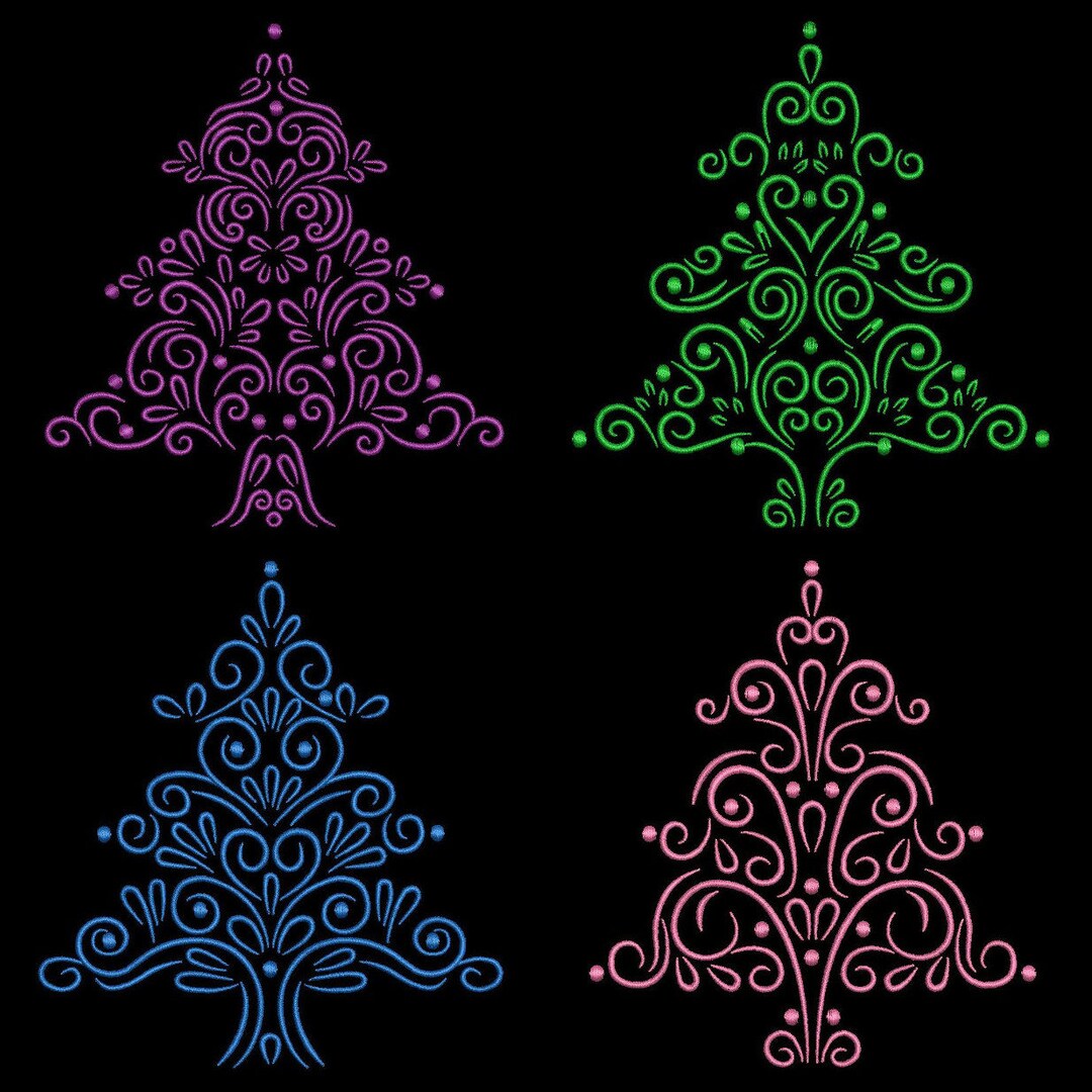 CURLY CHRISTMAS TREES (4inch)-10 Machine Embroidery Design Instant ...