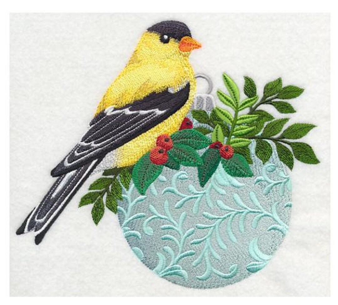 CHRISTMAS GOLDFINCH on ORNAMENT - Machine Embroidery Quilt Block (azeb ...