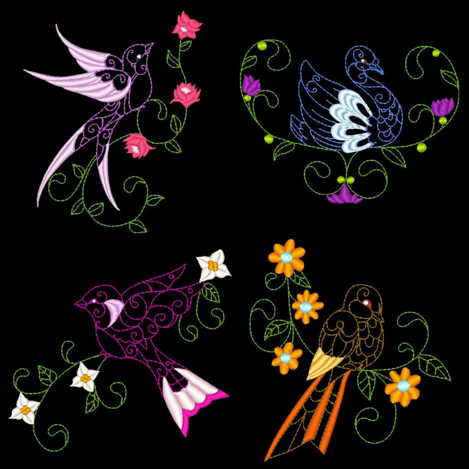 VINTAGE CURLY BIRDS 4inch 10 Machine Embroidery Designs - Etsy