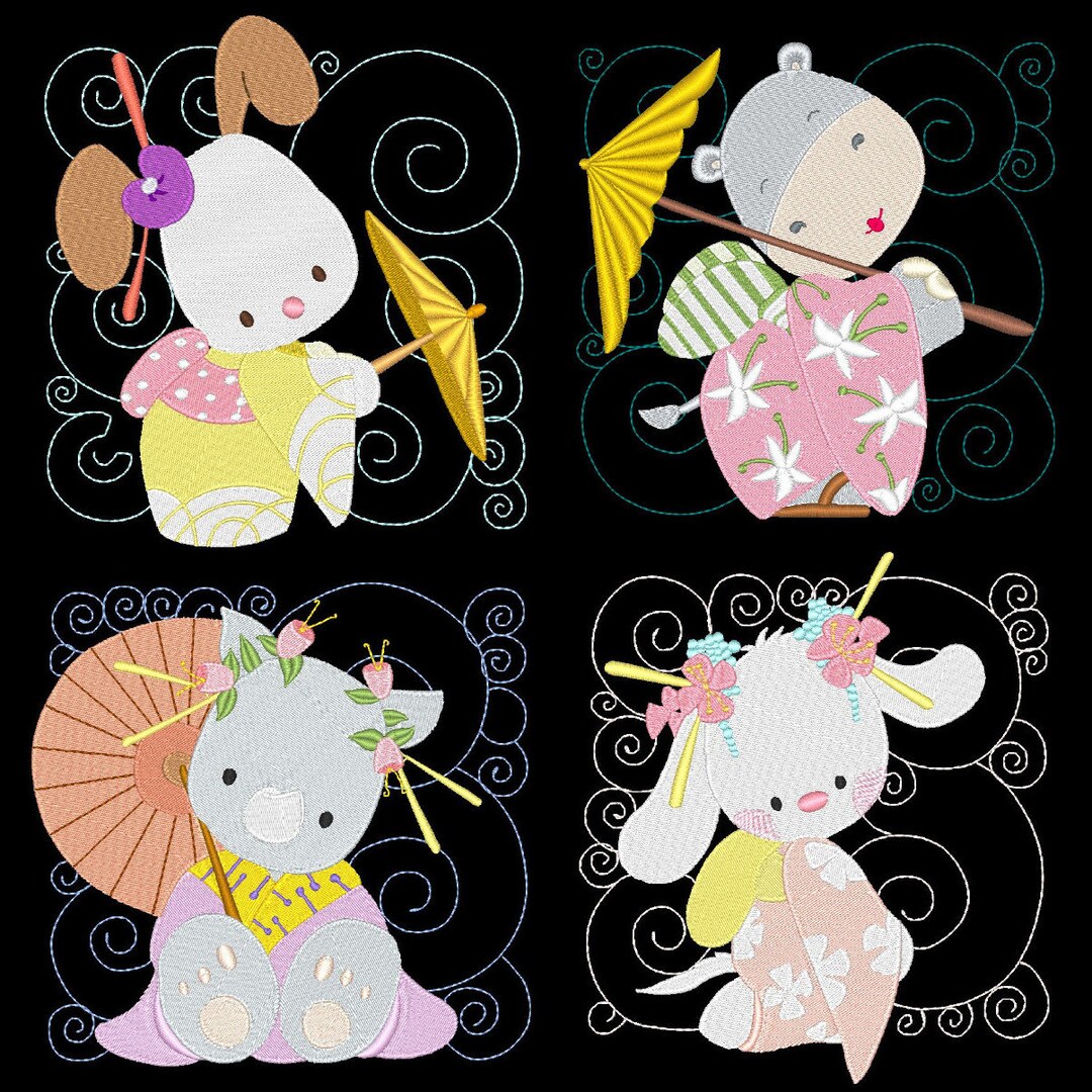 GEISHA ANIMALS (4inch) - 12 Machine Embroidery Designs Instant Download ...