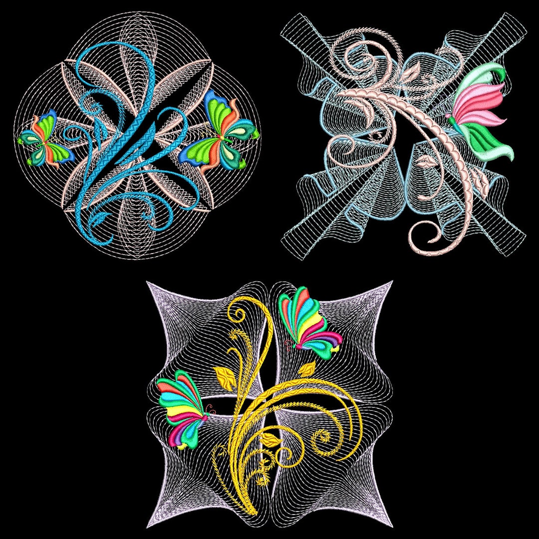 SWIRLY FLUTTERBY BLOCKS #1 (5inch) - 10 Machine Embroidery Designs ...